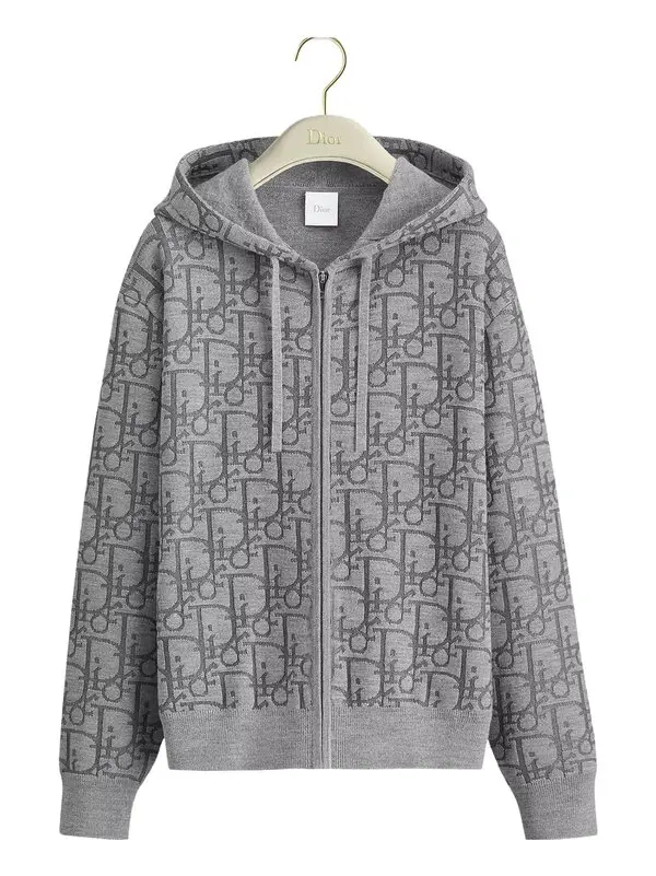 Dior Monogram Zip-up Hooded Cardigan - Gray