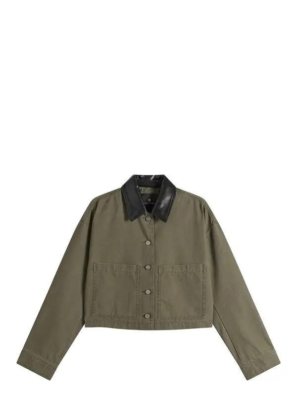 ANINE BING Yuma Cropped Cotton Jacket With Leather Point Collar - Army Green