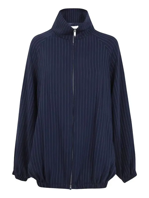 THE FRANKIE SHOP High Neck Zip-up Jacket - Navy Blue, White Pinstripes