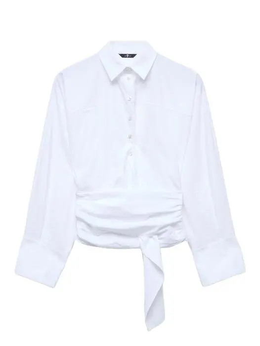 7 For All Mankind Poplin Optical Waist Tie Shirt - White