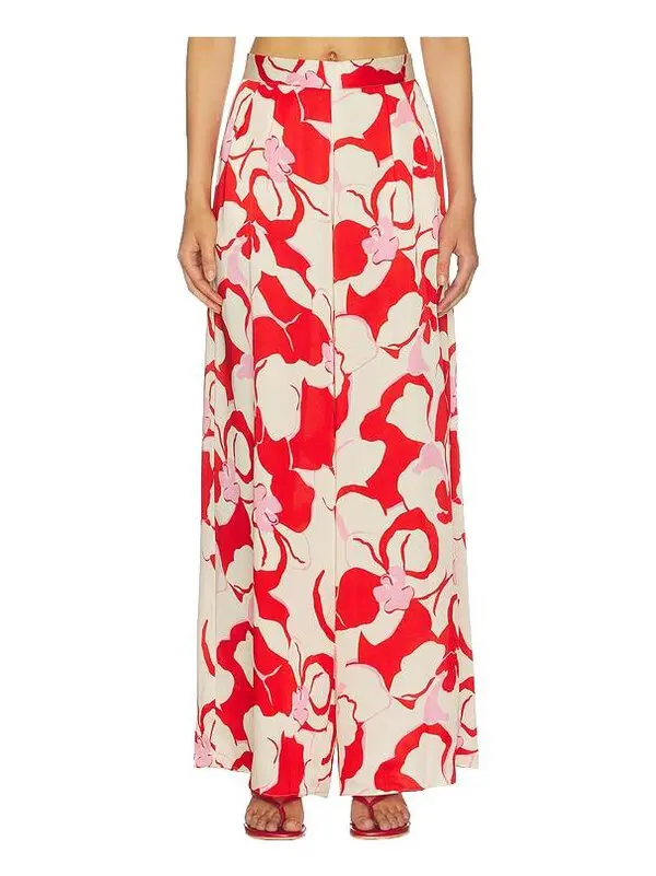 Misa Wide Leg Floral Print Satin Pants - Red