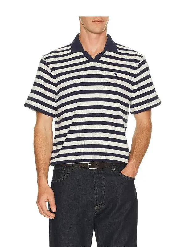 Polo Ralph Lauren Short Sleeve Cotton Club Stripe Textured Fully Fashioned Johnny Collar Polo In . Also - Navy