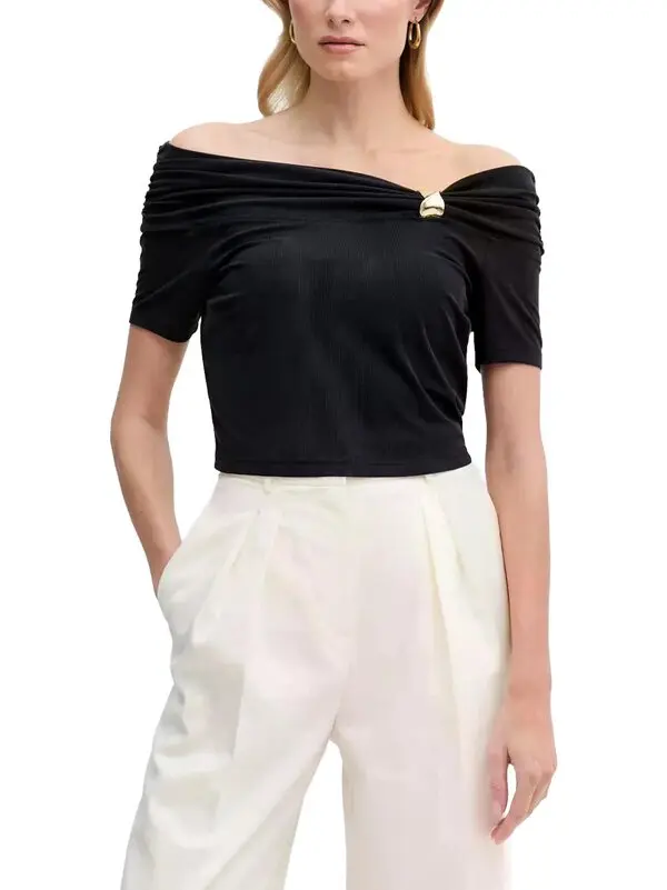 Guess Off-shoulder Ribbed Knit T-shirt - Black