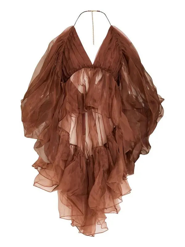 Zimmermann Cold-shoulder Draped Silk Organza Top - Brown