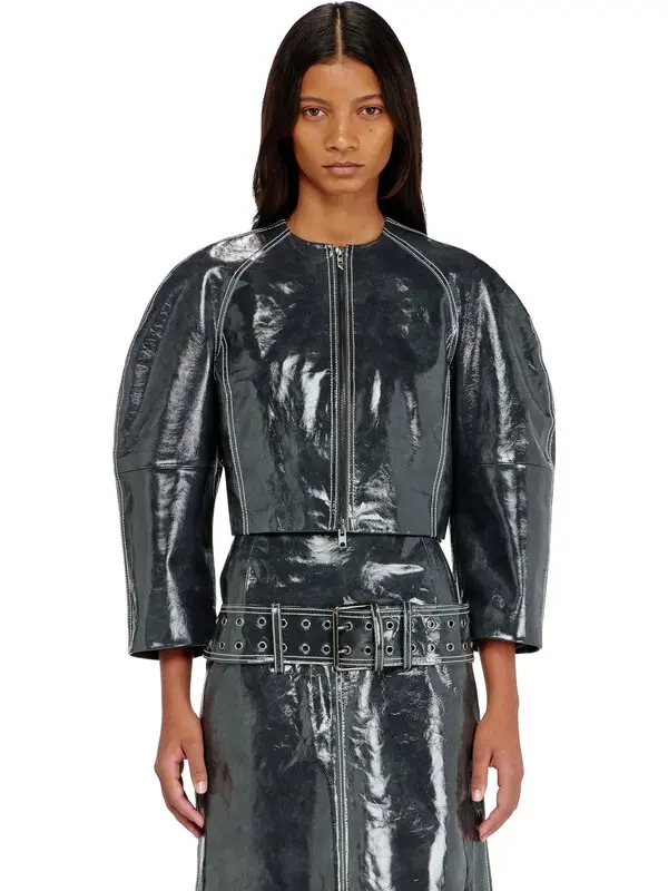 DIESEL® Patent Leather Cropped Jacket With Cocoon Sleeves - Grey