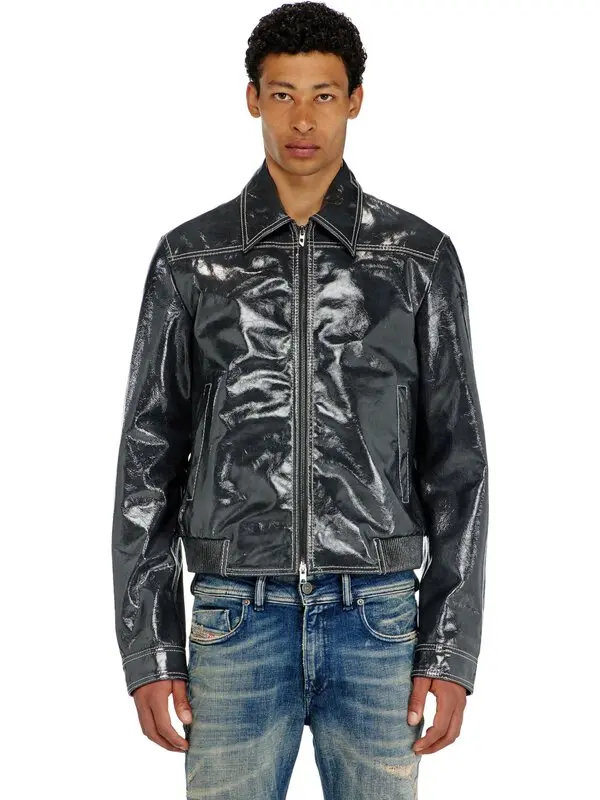 DIESEL® Patent Leather Zip-up Jacket With Shirt Collar - Grey