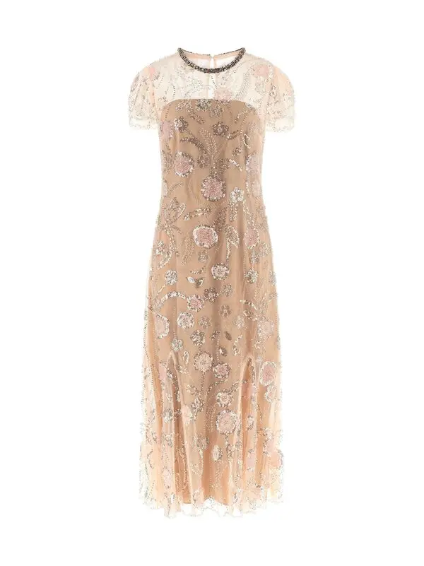 SELF-PORTRAIT Flower Sequin Embellished Midi Tulle Dress - Pink