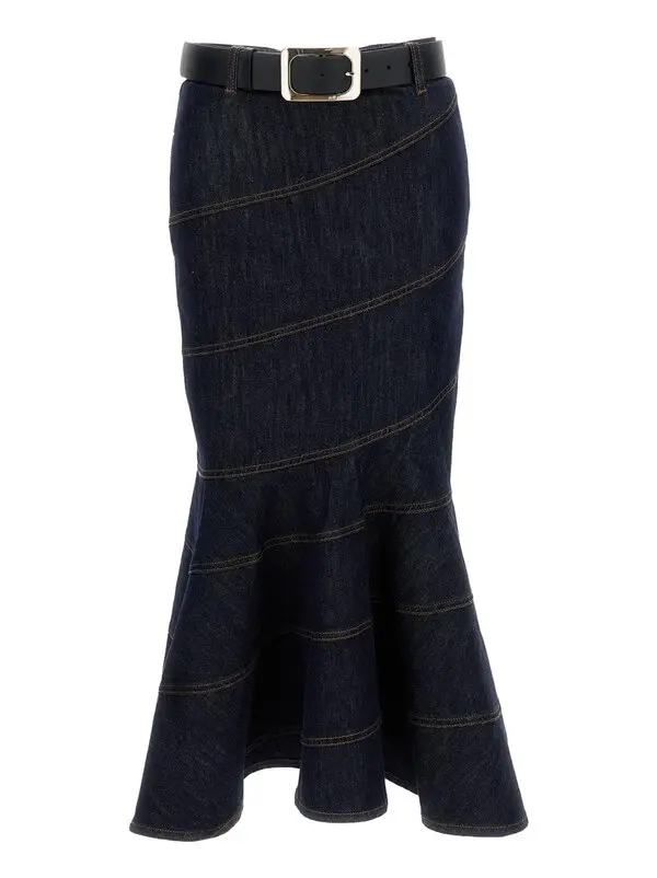 SELF-PORTRAIT Indigo Denim Belted Midi Skirt - Multicolor