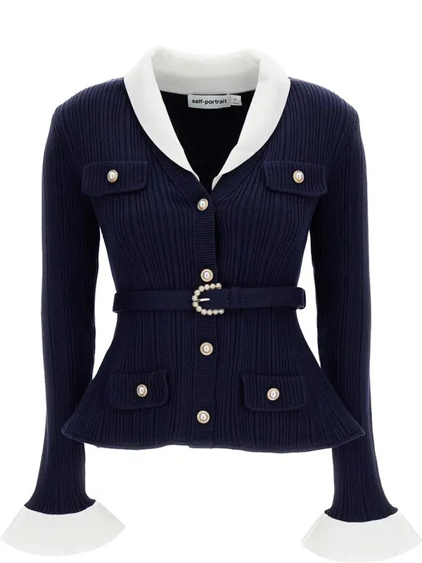 SELF-PORTRAIT Ribbed Knit Cardigan With Pearl Embellished Belt - Multicolor