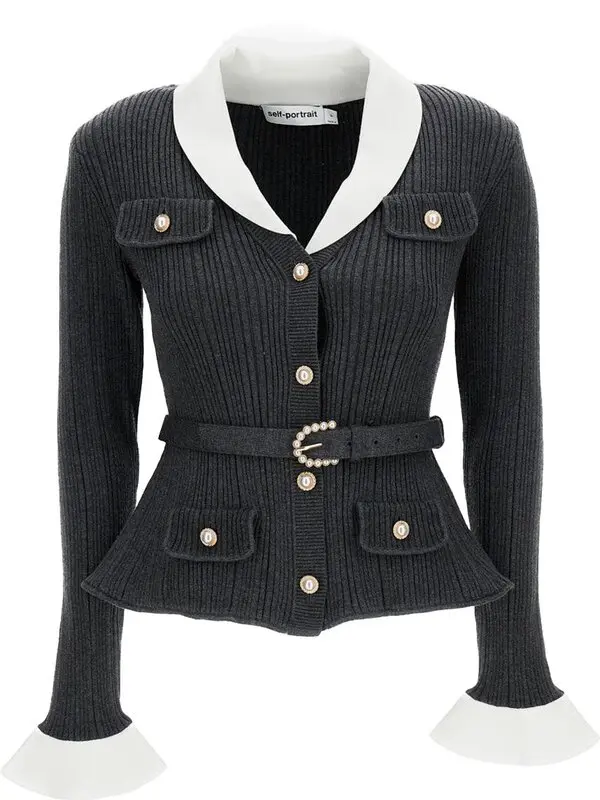 SELF-PORTRAIT Ribbed Knit Cardigan With Pearl Embellished Belt - Multicolor