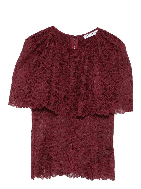 SELF-PORTRAIT Burgundy Floral Lace Ruffled Overlay Top - Red
