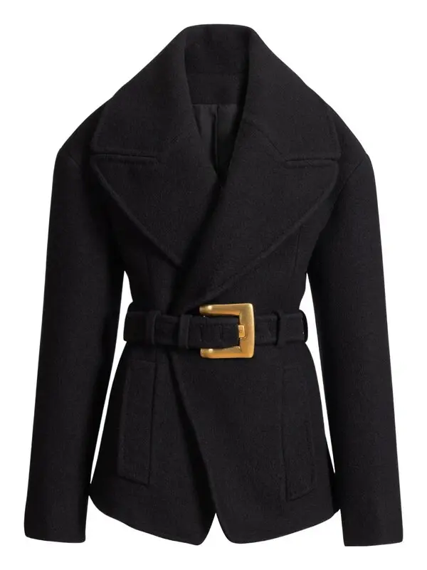 Balmain Belted Wool Pea Coat - Black