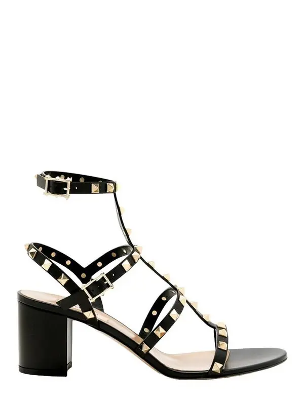Valentino Garavani Calf Leather Studded Block Heel Sandals - Black