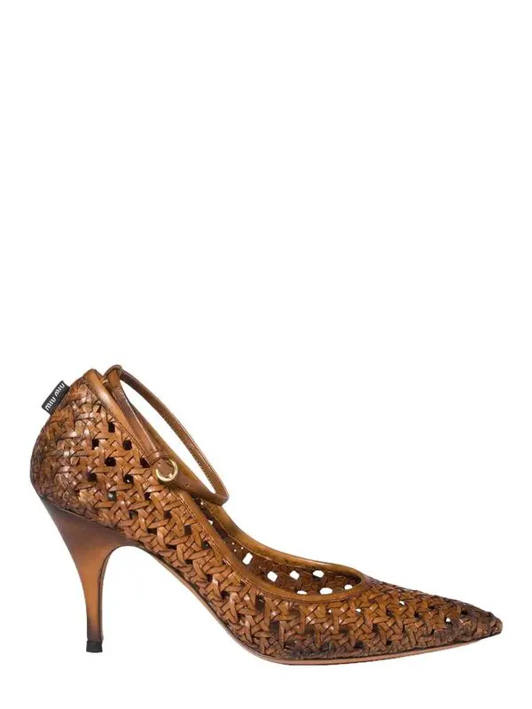 Miu Miu Leather Woven Pointed Toe Ankle Strap Heels - Brown