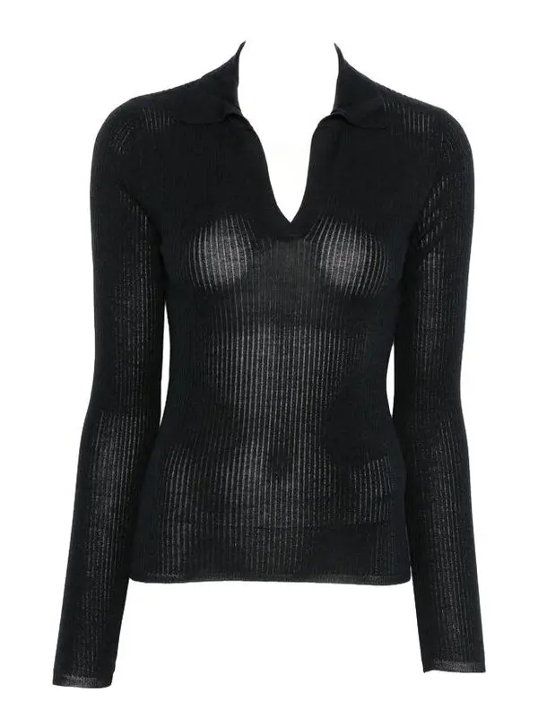 Max Mara Black Ribbed Knit Polo Shirt With V-neck - Multicolor