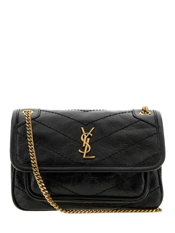 Saint Laurent Crinkled Leather Chevron Quilted Shoulder Bag - Black