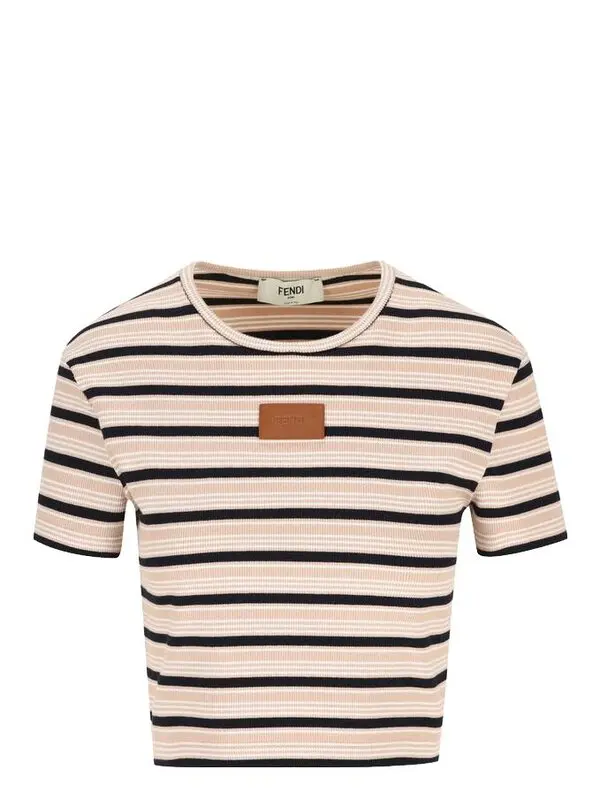 Fendi Ribbed Knit Crewneck Short Sleeve Striped T-shirt - Pink