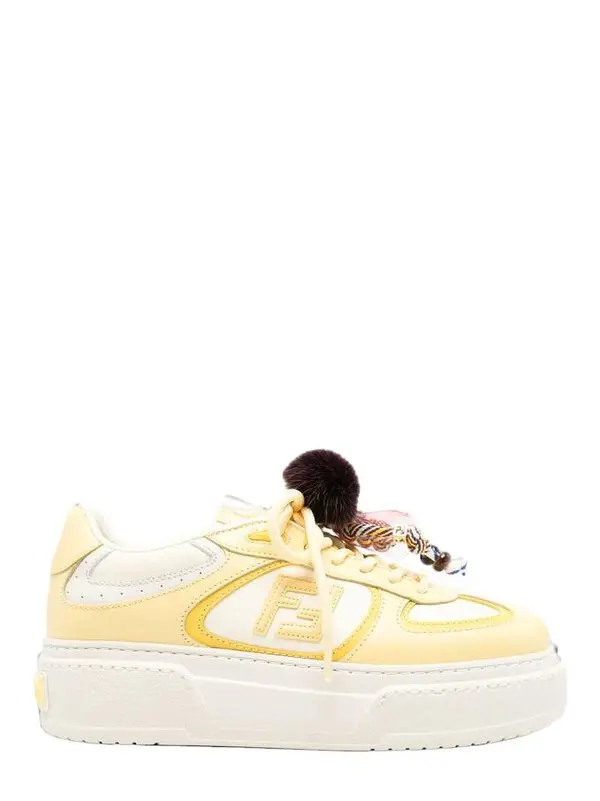 Fendi Leather Platform Sneakers With Pompom Embellishment - Yellow