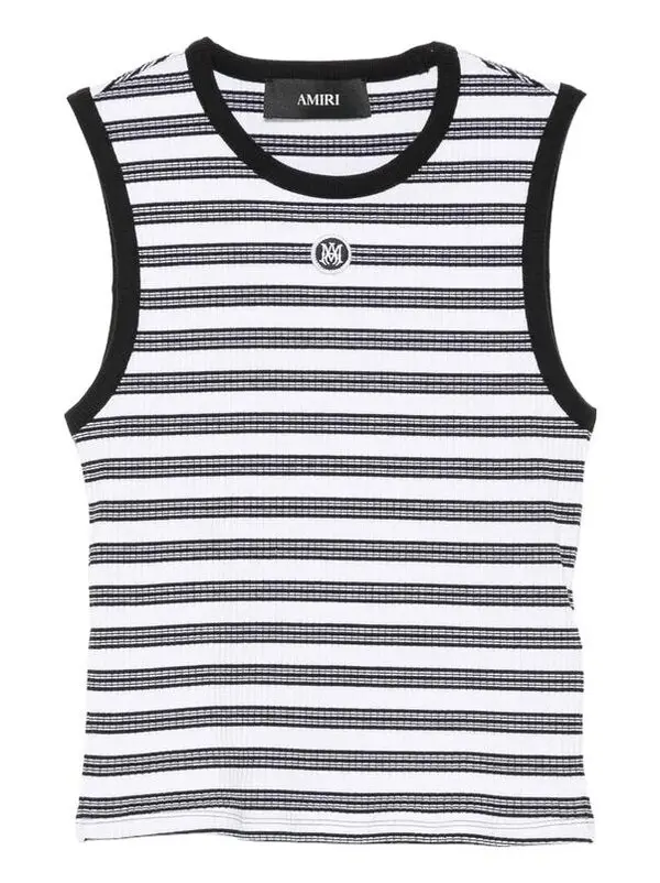 Amiri Ribbed Knit Sleeveless Tank Top With Horizontal Pattern And Logo Patch - White