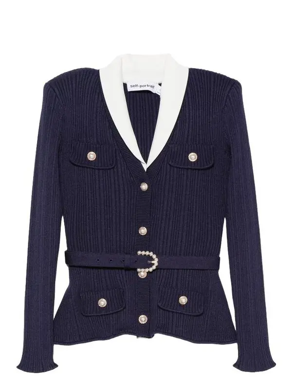 SELF-PORTRAIT Ribbed Knit Contrasting Collar V-neck Cardigan With Pearl Embellishments - Blue