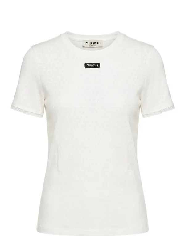 Miu Miu Cotton Crew Neck Short Sleeve T-shirt With Lace Trim And Logo Patch - White