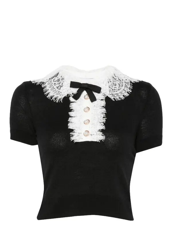 SELF-PORTRAIT Cropped Knit Polo Top With Lace Collar And Embellished Buttons - Black