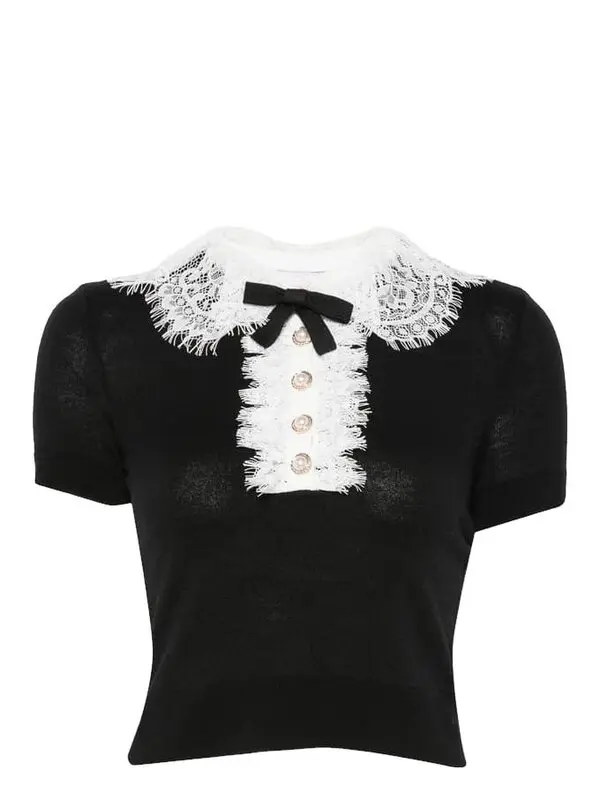 SELF-PORTRAIT Cropped Knit Polo Top With Lace Collar And Embellished Buttons - Gray