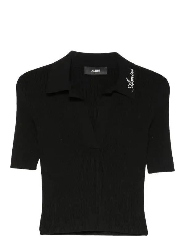 Amiri Ribbed Knit Short Sleeve Polo Top With Logo Embroidery - Black