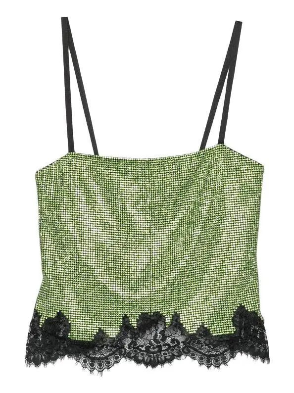 SELF-PORTRAIT Rhinestone Embellished Lace Trim Camisole - Green