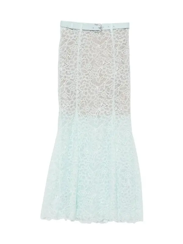 SELF-PORTRAIT Lace Overlay Belted Midi Skirt - Green