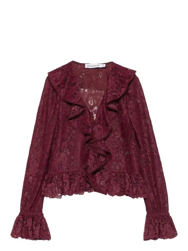 SELF-PORTRAIT Burgundy Floral Lace Ruffled V-neck Blouse - Red