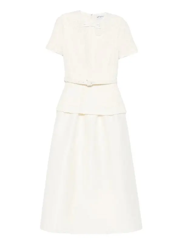 SELF-PORTRAIT Bouclé-knit Dress With Lace Collar And Peplum Hem - Cream