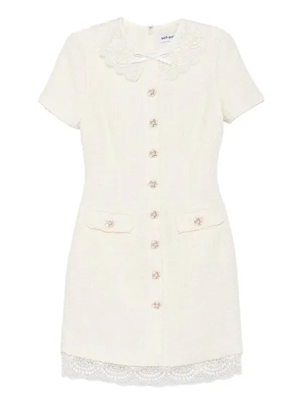 SELF-PORTRAIT Bouclé Lace-trimmed Day Dress - Cream