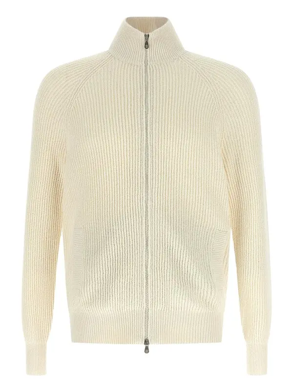 Brunello Cucinelli English Half-ribbed Cotton Gauze Zip Cardigan - White