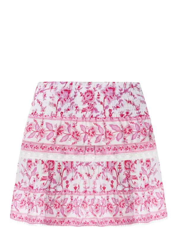 BINDU Clarita Peony Floral Print Tiered Cotton Skirt With Lace Trim - Pink