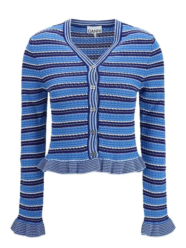 GANNI Striped Cotton Cardigan With Puff Cuffs - Blue