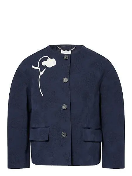 Erdem Flower-jacquard Cotton-blend Cropped Jacket - Midnight Blue