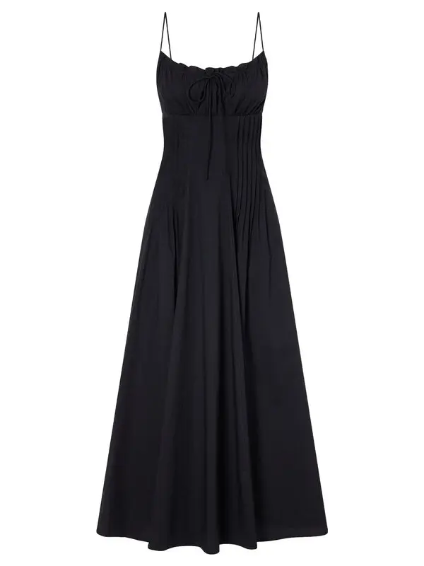 Staud Margi Ruffled Pleated Cotton-stretch Poplin Midi Dress - Black