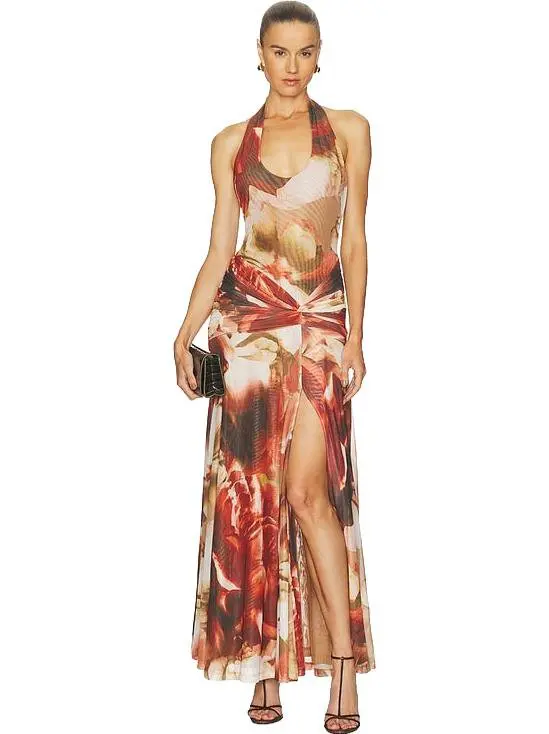 Bardot Halter Mesh Midi Dress - Burnt Orange Floral
