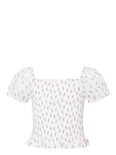 LoveShackFancy Smocked Puff Sleeve Top With Floral Print - Indigo Cloud