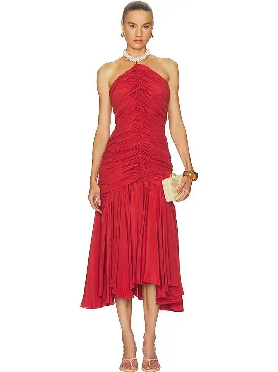 Balmain Shell Detail Draped Crepe Long Dress - Red
