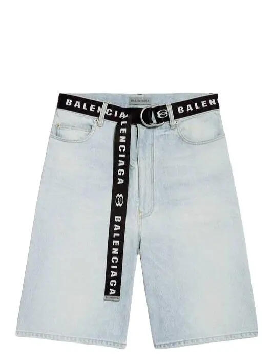 Balenciaga Logo Belt Denim Shorts - Light Blue