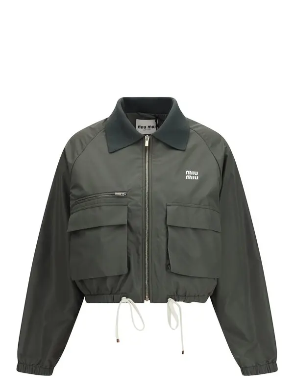 Miu Miu Technical Fabric Zip-up Jacket With Leather Details - Green