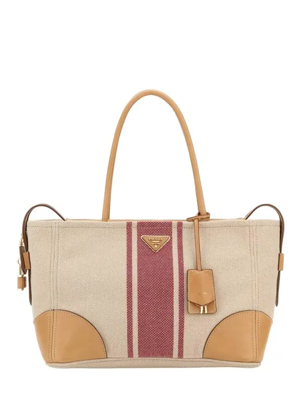 Prada Large Canvas Shopping Bag With Leather Trim - Brown