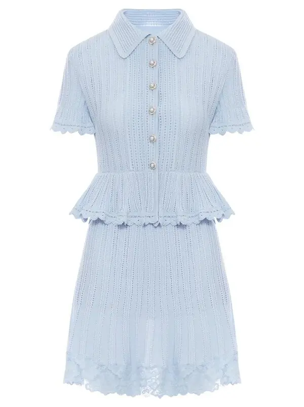 SELF-PORTRAIT Pointelle Peplum Knit Mini Dress - Blue