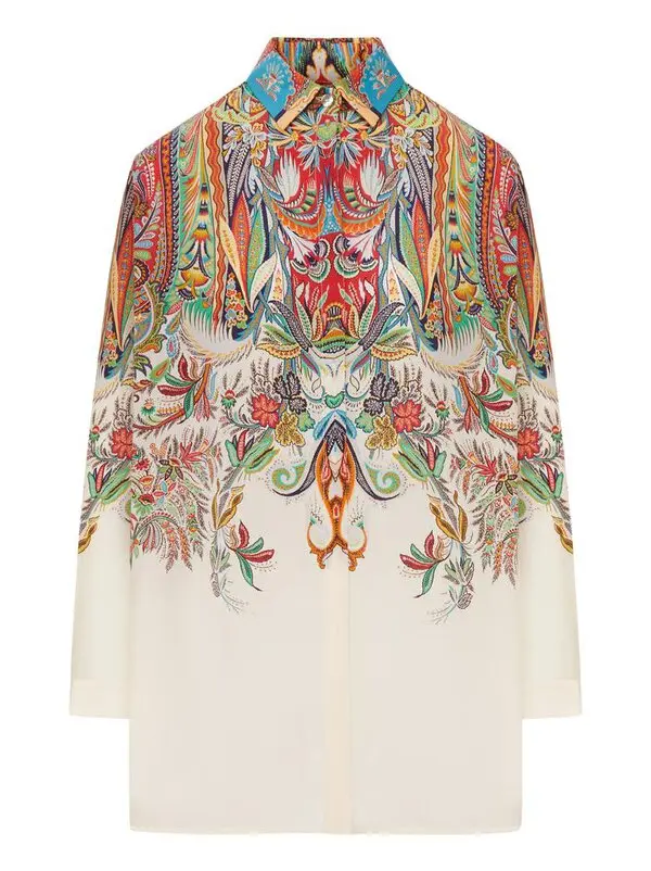 Etro Long Silk Shirt With Placed Paisley Foliage Print - Multicolor