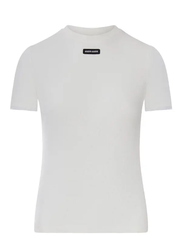Miu Miu Pointelle Cotton T-shirt With Logo Appliqu - White
