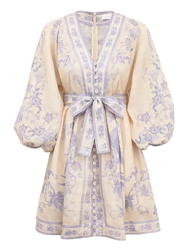 Zimmermann Indra Plunge Short Linen Dress - Multicolor