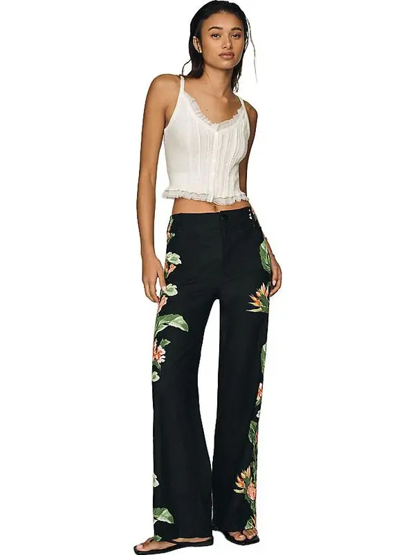 Maeve Colette European Linen Stretch Wide Leg Pants - Black Floral