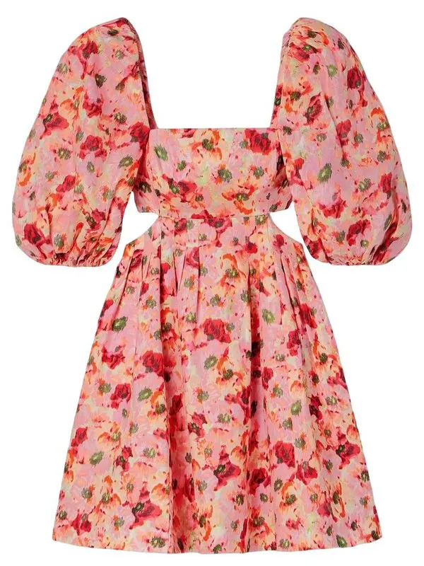 Zimmermann Lightburst Pleated Cutout Floral Linen Mini Dress - Red